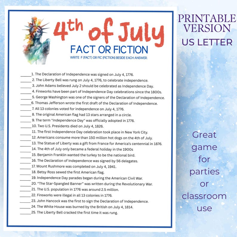 4th of July Fact or Fiction Game, 4th of July Trivia Game, 4th of July ...