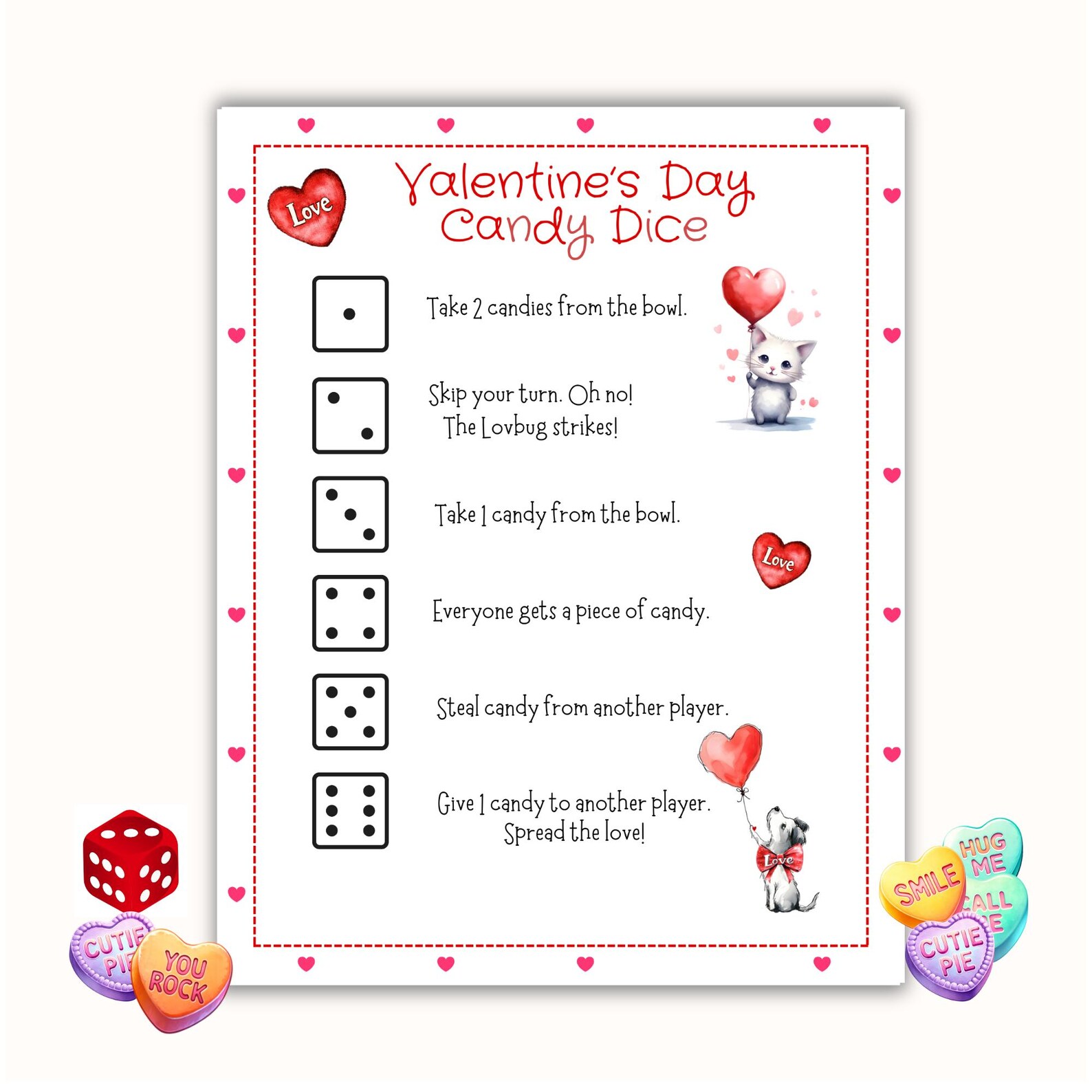 Printable Valentine's Day Candy Dice Game, Classroom Games, Valentines ...