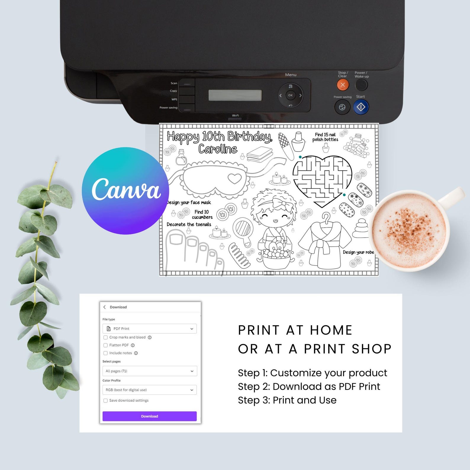 Editable Spa Party Coloring Placemat Printable, Spa Birthday Activity ...