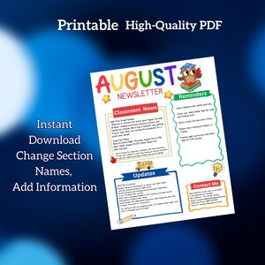 Editable August Newsletter Template Printable, PTO, PTA, Classroom ...