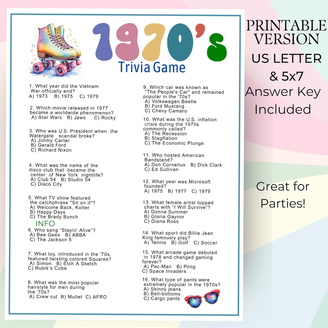 70s Trivia Questions and Answers Printable, 1970s Trivia Quiz, Pub ...
