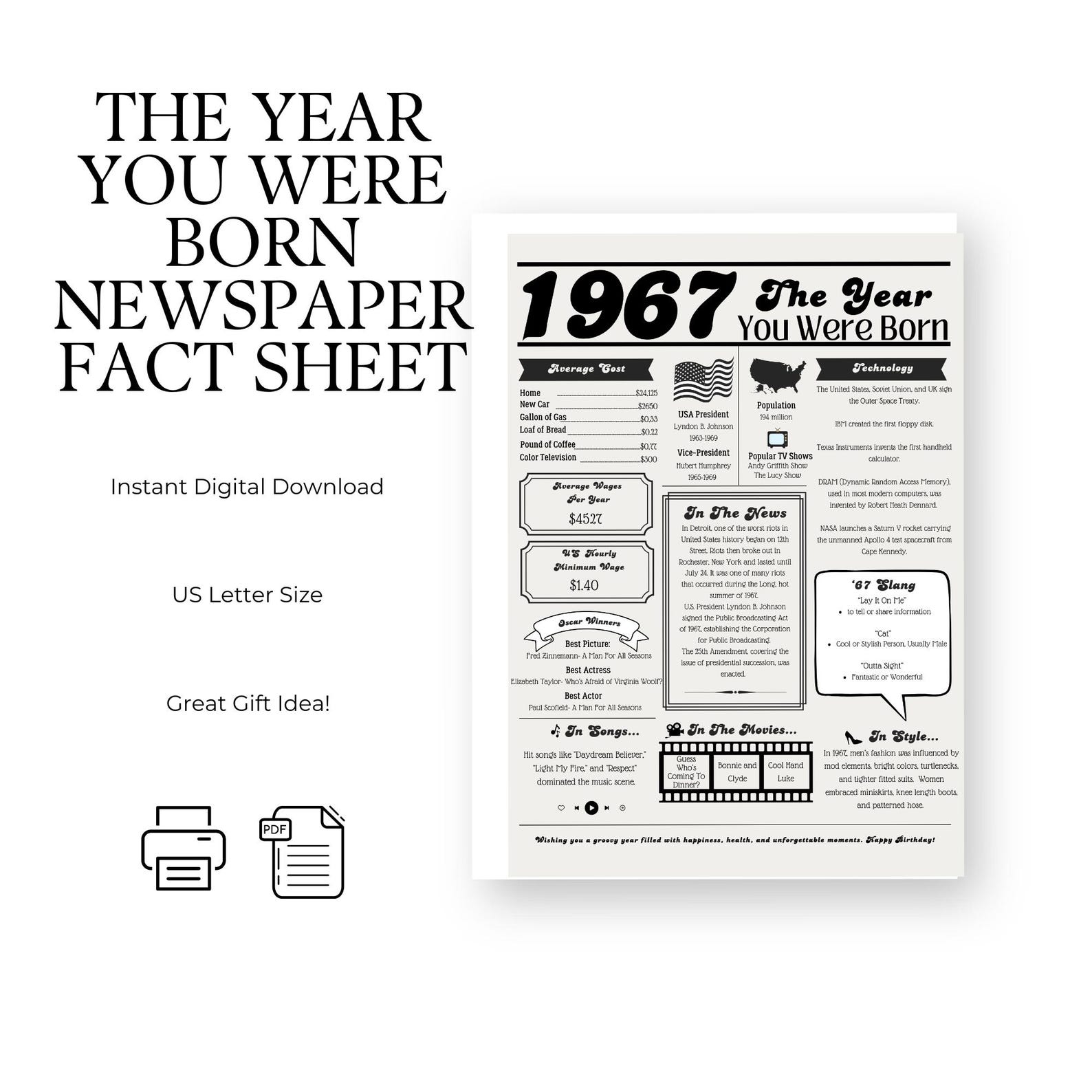 1967 the Year You Were Born Facts Printable Instant Digital Download ...