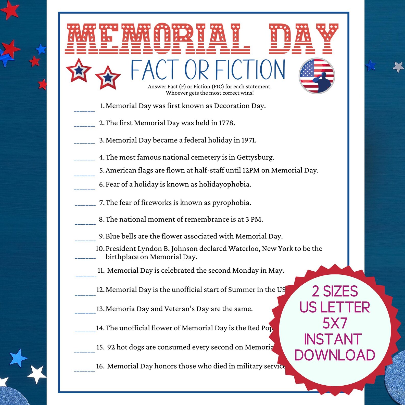 Memorial Day Fact or Fiction Game, Memorial Day Trivia Game, Memorial ...