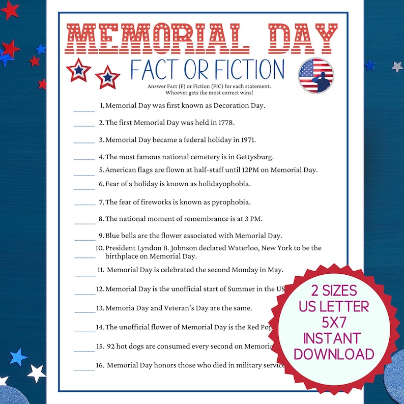Memorial Day Fact or Fiction Game, Memorial Day Trivia Game, Memorial ...
