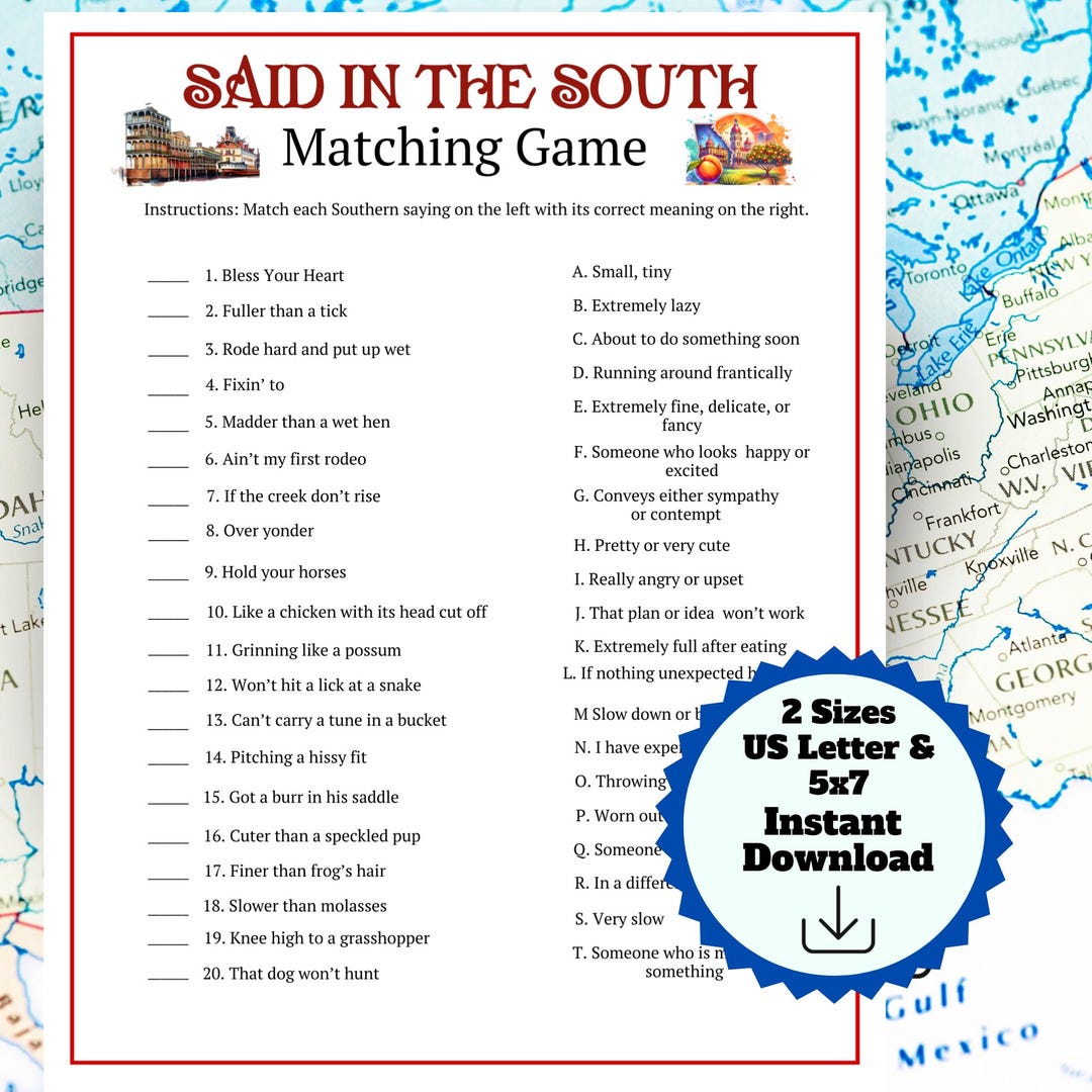Said in the South Southern Sayings Matching Game Printable, Funny ...