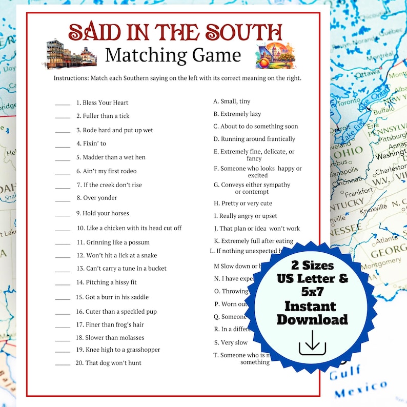 Said in the South Southern Sayings Matching Game Printable, Funny ...