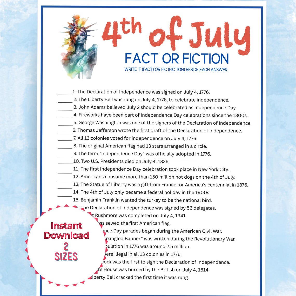 4th of July Fact or Fiction Game, 4th of July Trivia Game, 4th of July ...