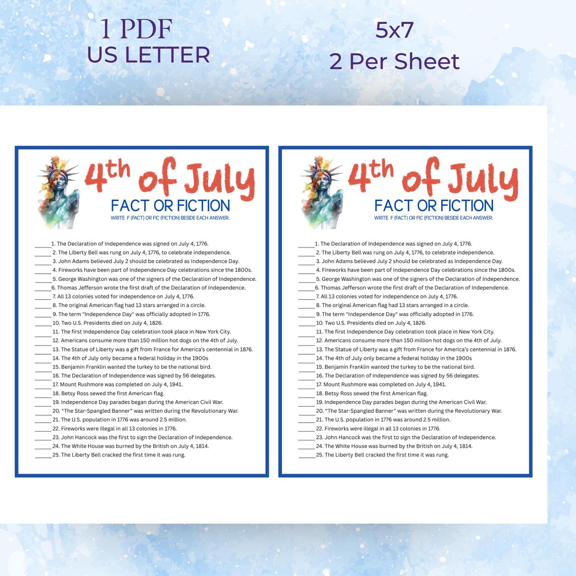 4th of July Fact or Fiction Game, 4th of July Trivia Game, 4th of July ...