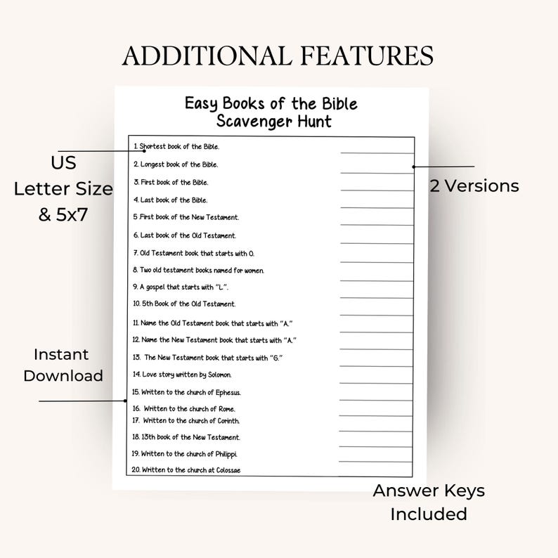 Books of the Bible Scavenger Hunt Printable Set, Sunday School Activity ...