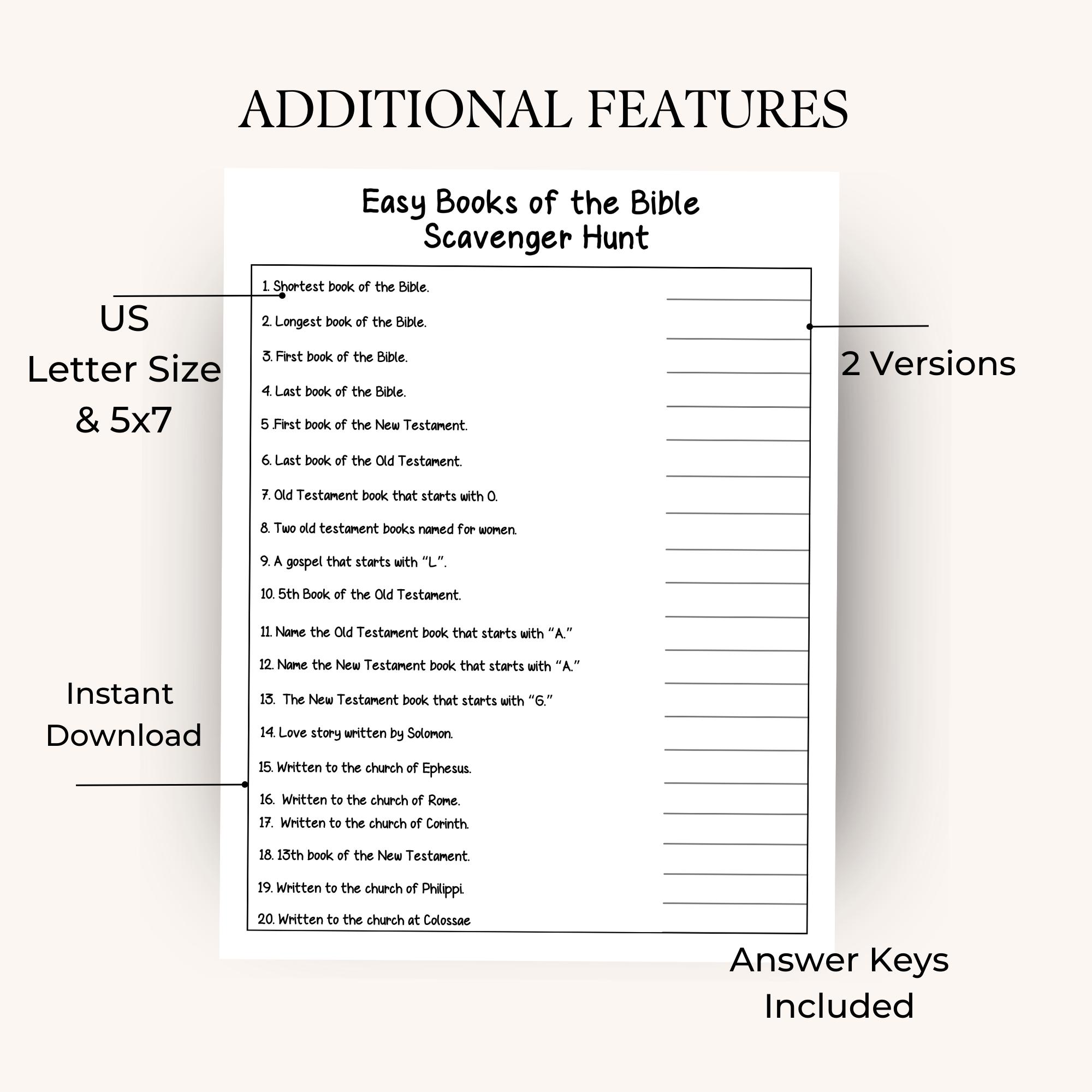Books of the Bible Scavenger Hunt Printable Set, Sunday School Activity ...
