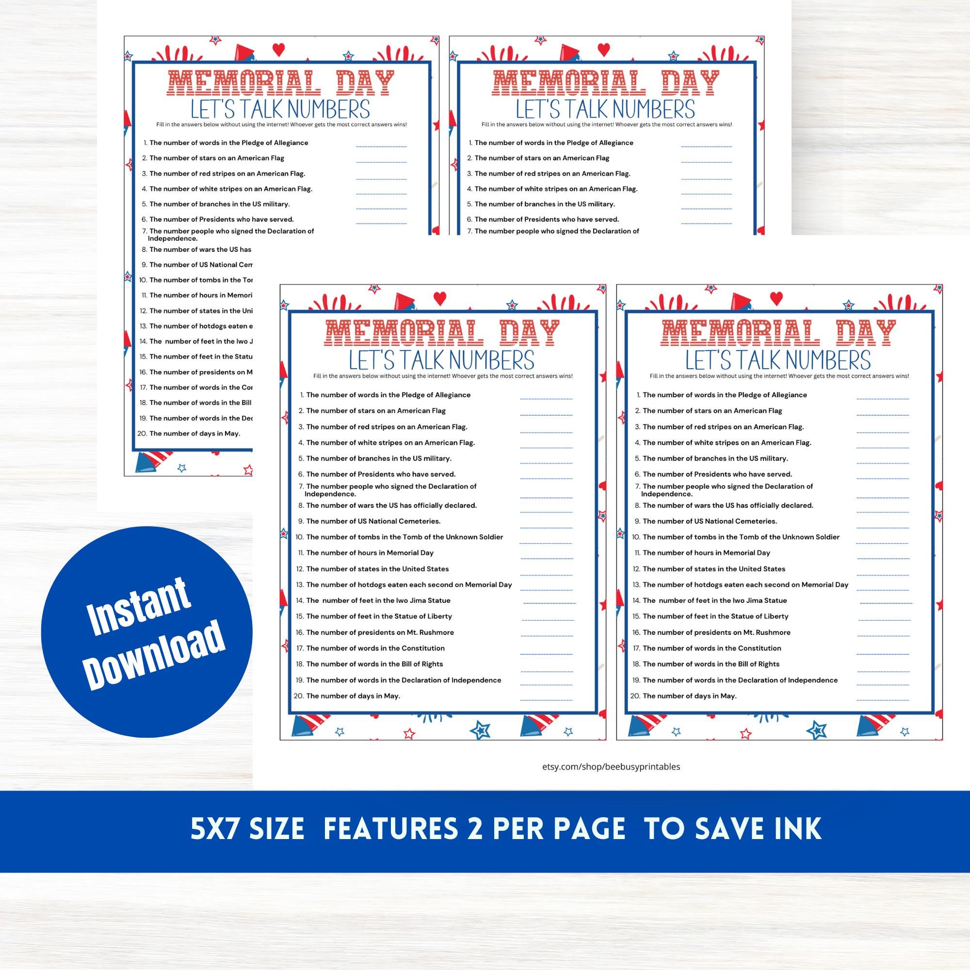 Memorial Day Let's Talk Numbers Game Printable, Memorial Day Games for ...