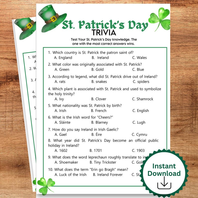 St. Patrick's Day Trivia Game Printable, St. Patricks Family Trivia ...