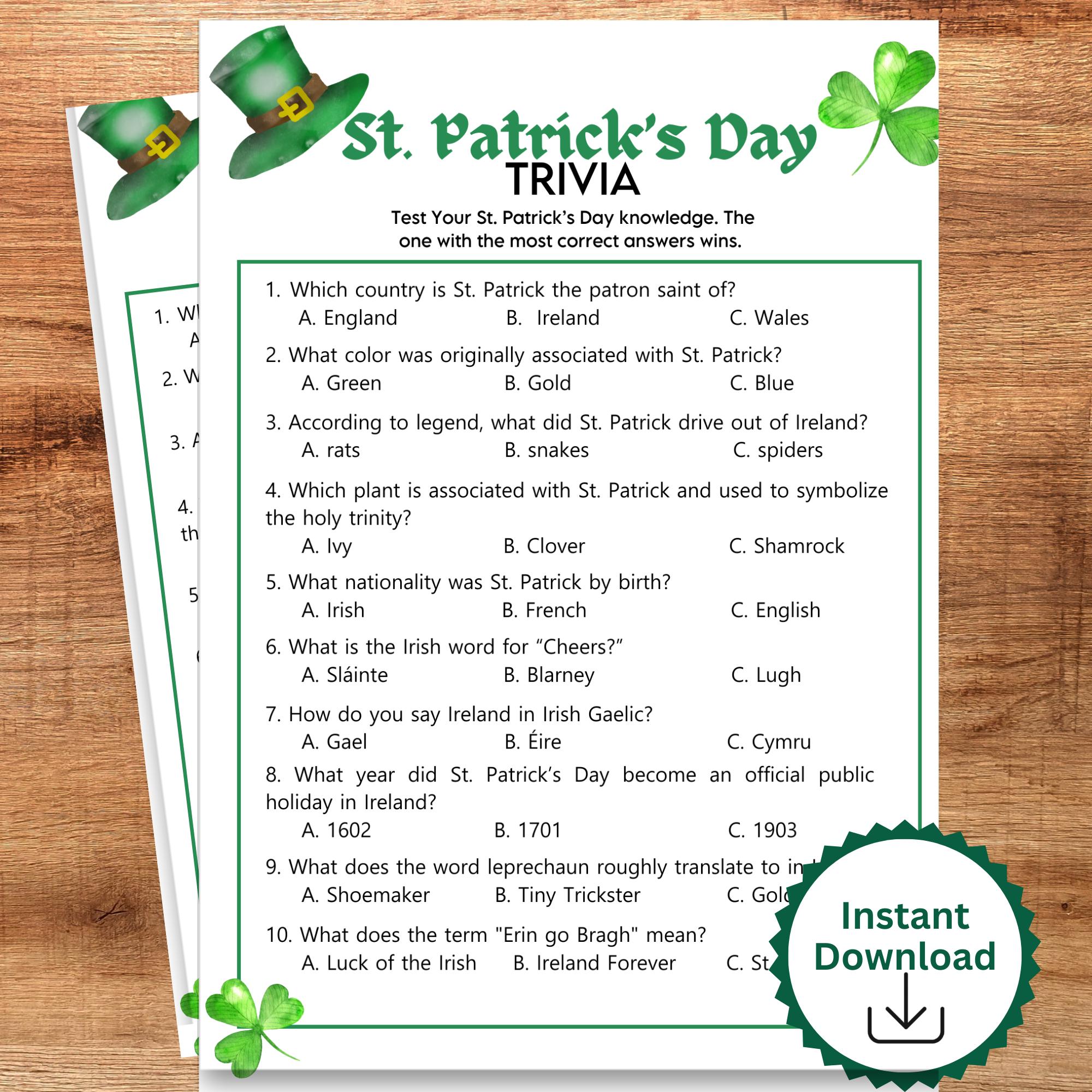St. Patrick's Day Trivia Game Printable, St. Patricks Family Trivia ...