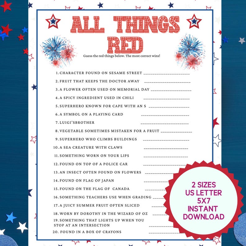 All Things Red Printable Game, Memorial Day Games for the Office ...