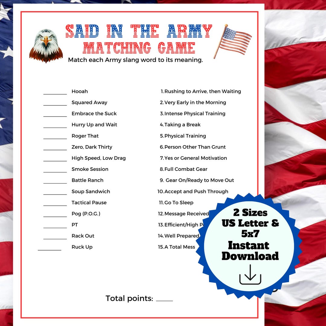 Printable Memorial Day Said in the Army Matching Game, Memorial Day ...