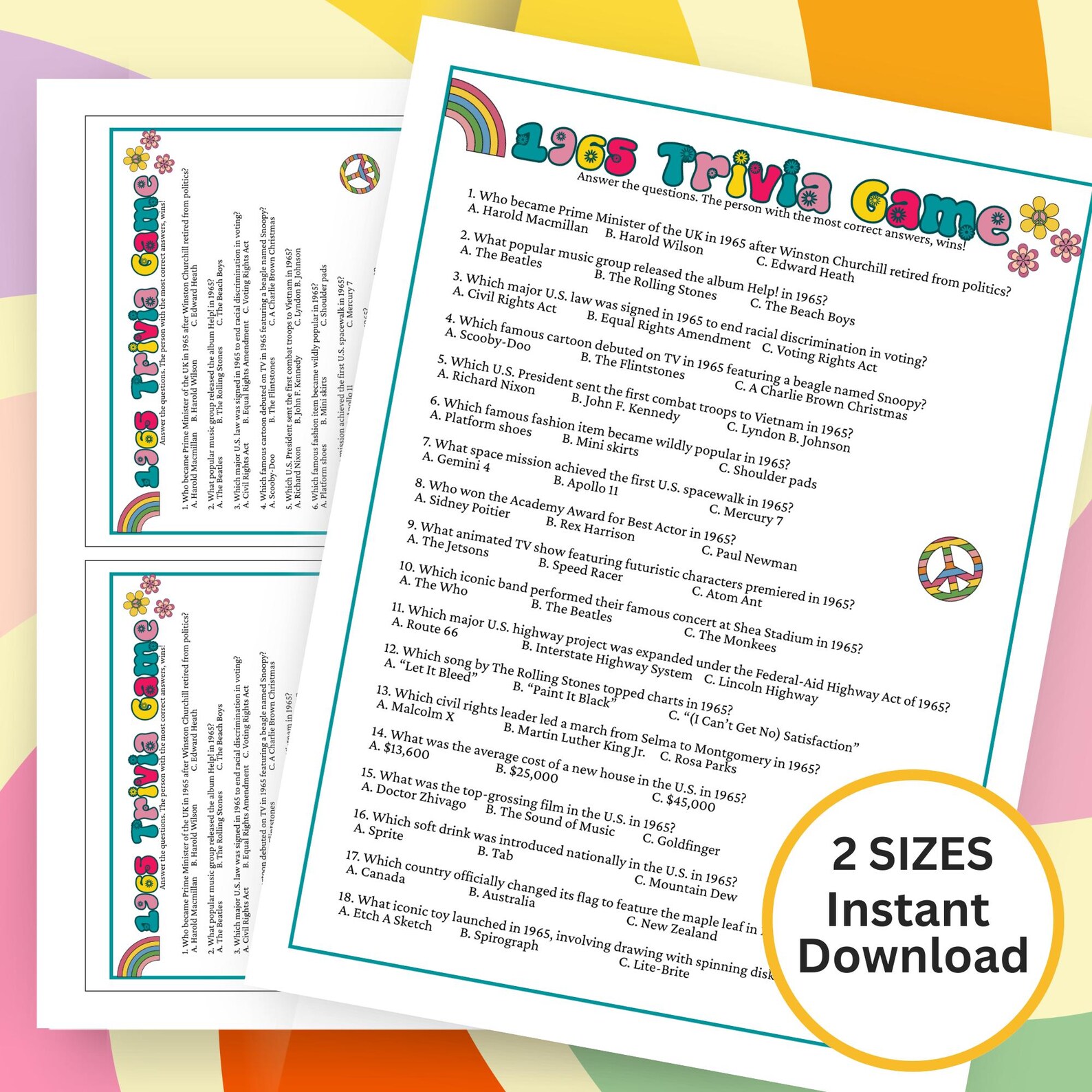 1965 Trivia Game Printable, 60th Birthday Party Games, Born in 1965 Fun ...