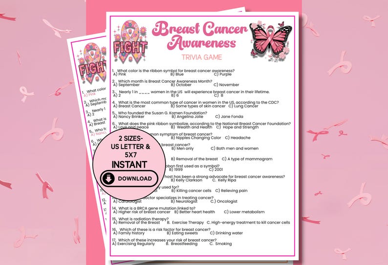 Breast Cancer Awareness Trivia Printable, Pink Ribbon Fundraiser Party ...