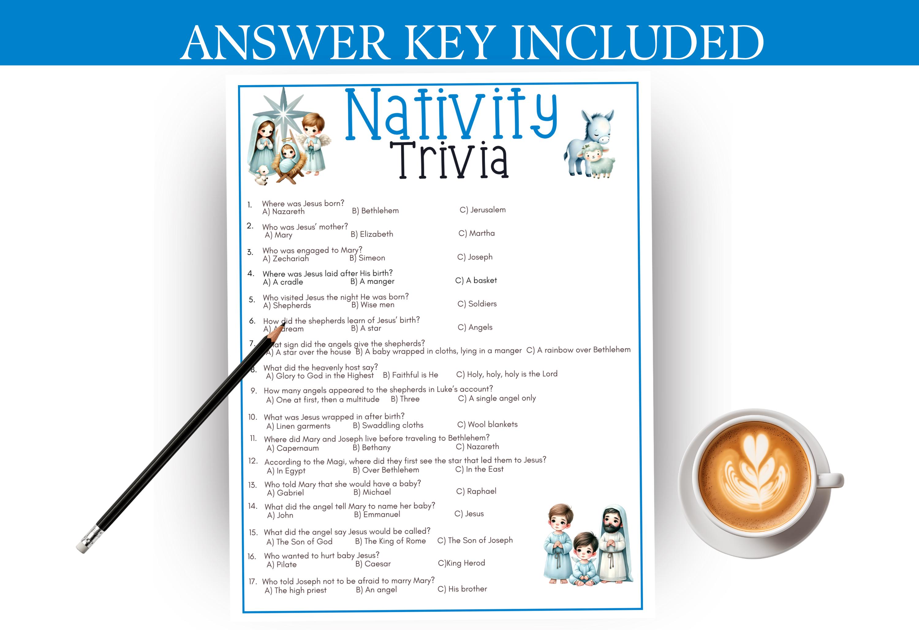 Easy Nativity Trivia Game Printable, Christmas Bible Quiz for Kids ...