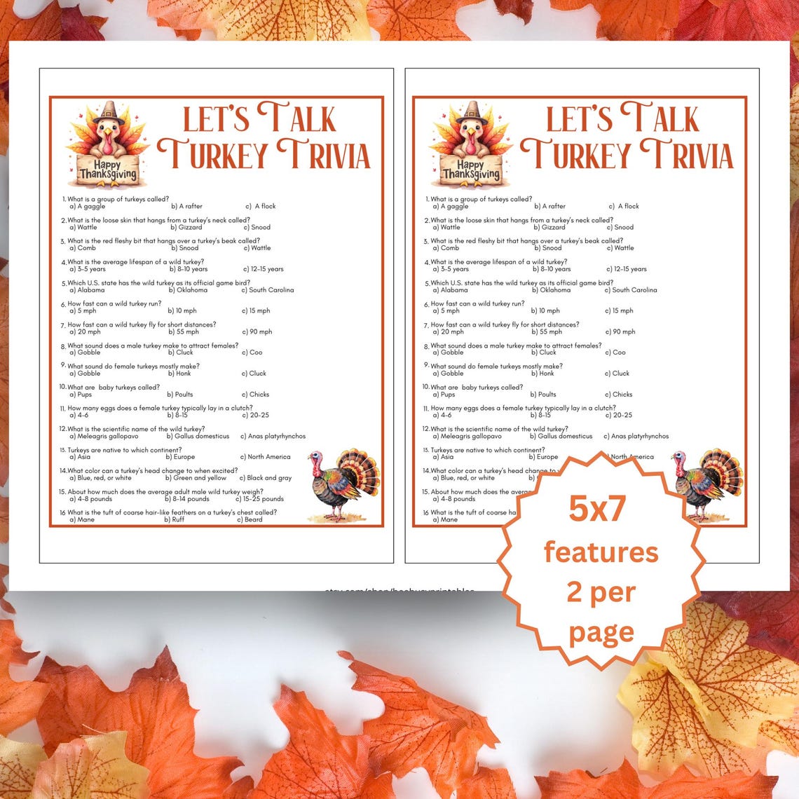 Turkey Trivia Quiz Printable, Thanksgiving Game, Fall Party Activity ...