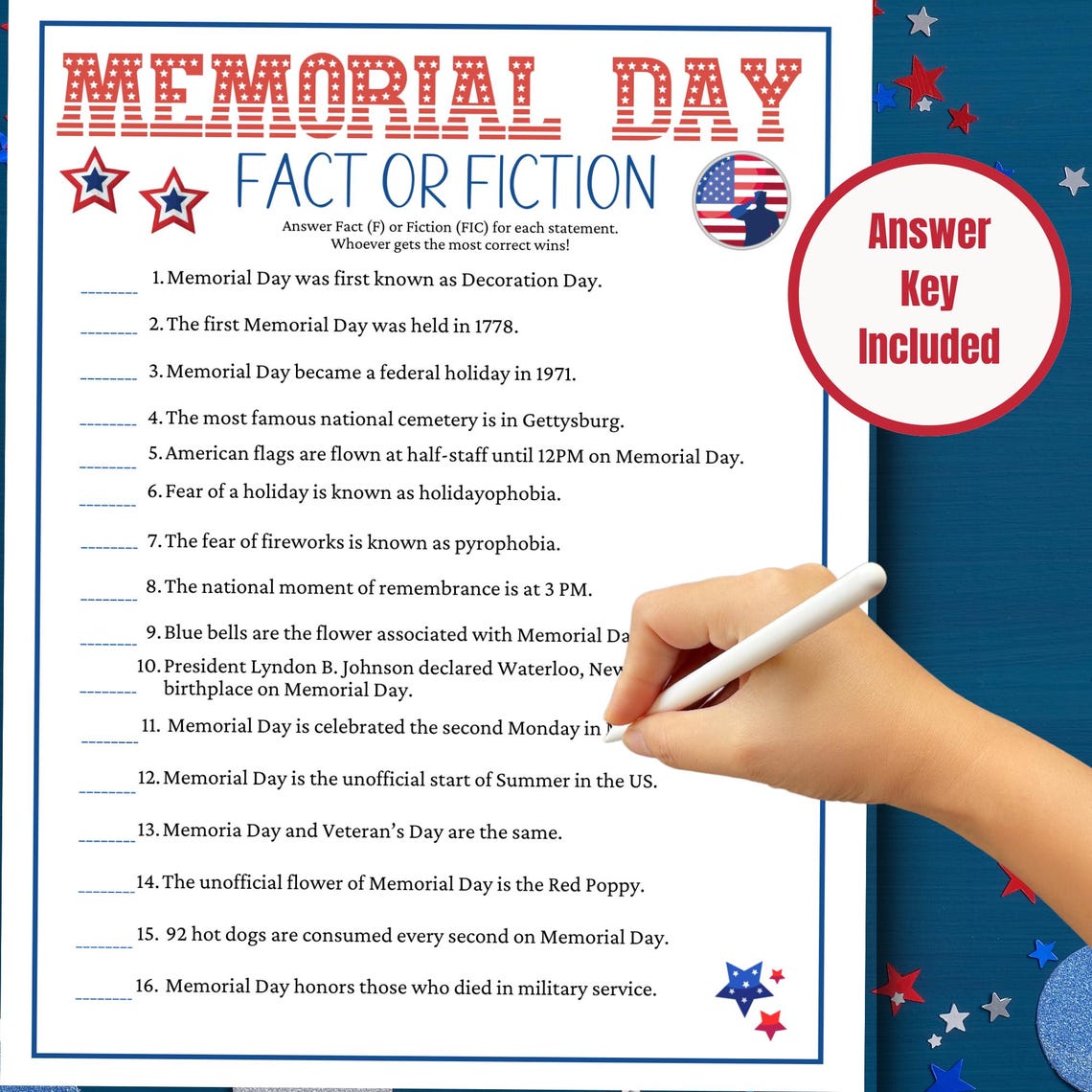 Memorial Day Fact or Fiction Game, Memorial Day Trivia Game, Memorial ...