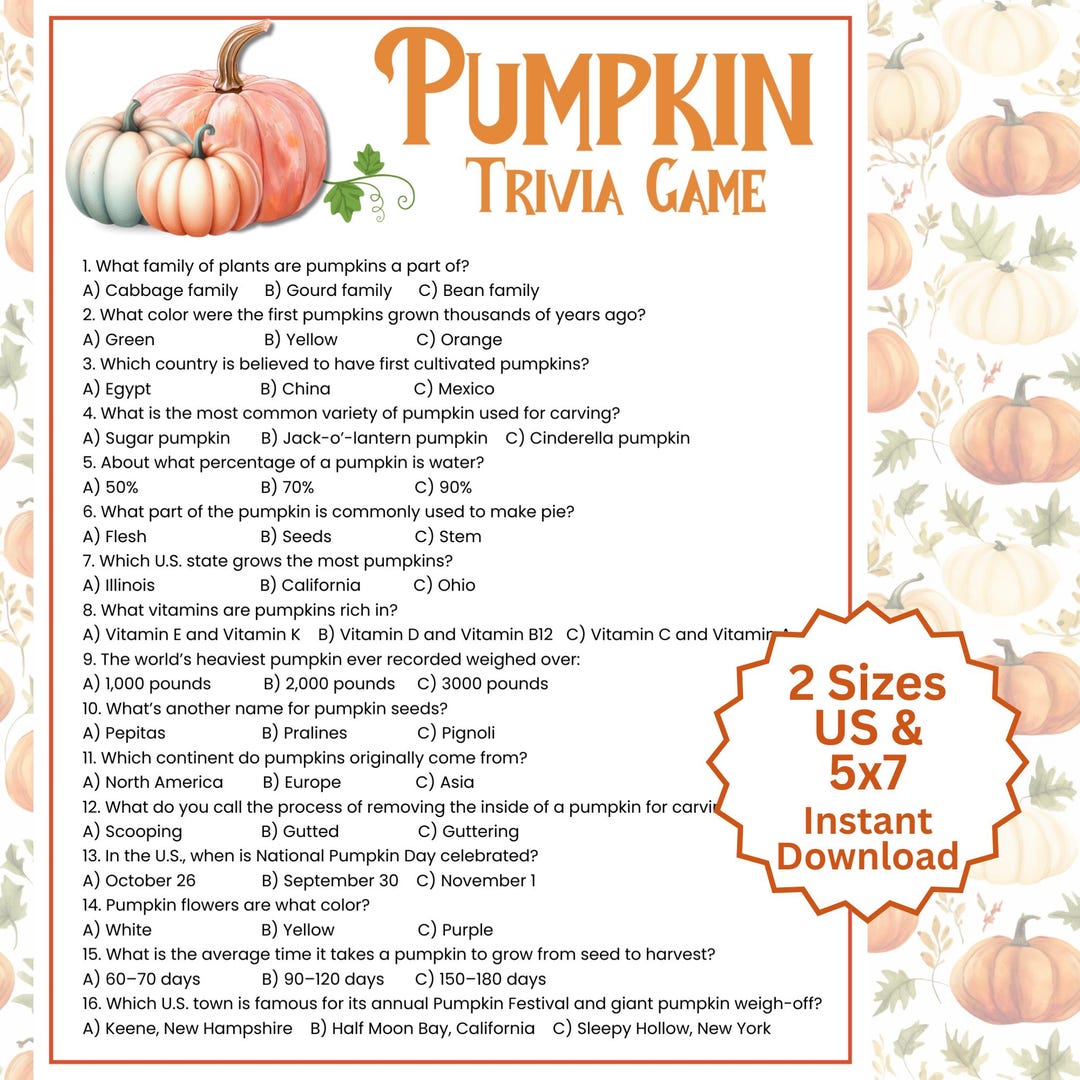 Pumpkin Trivia Game Printable, Halloween Party Game, Thanksgiving ...