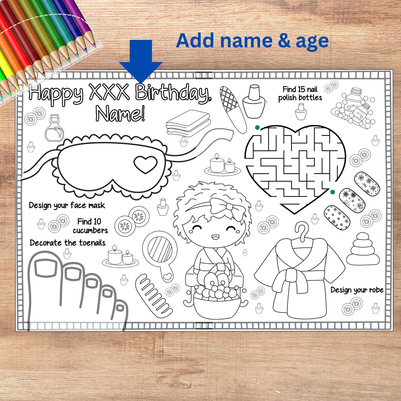 Editable Spa Party Coloring Placemat Printable, Spa Birthday Activity ...