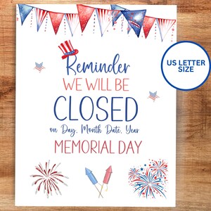 Editable We Will Be Closed Memorial Day Sign Template, Printable ...