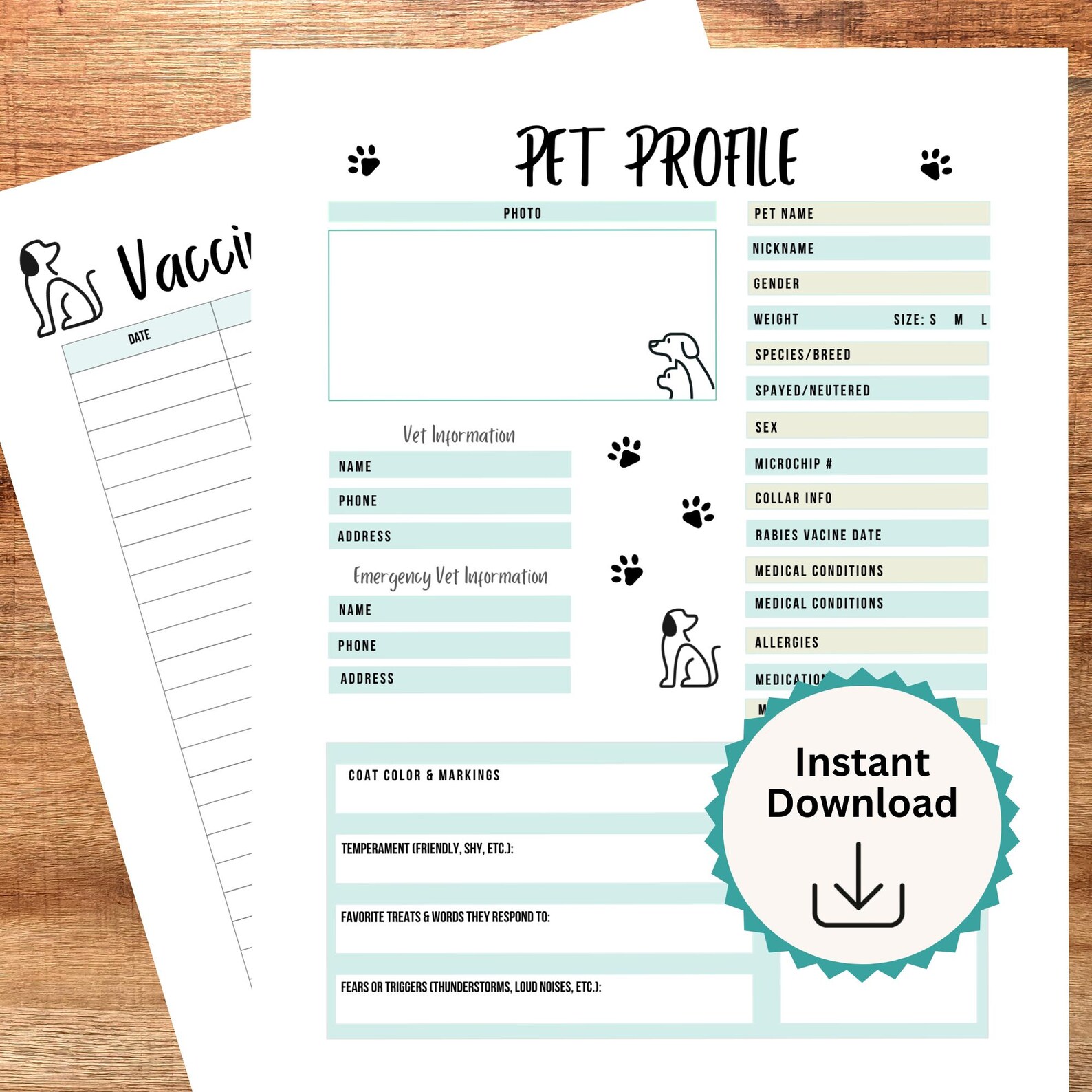 2 Page Pet Record Sheet Printable, Pet Vaccination Record, Pet Health ...