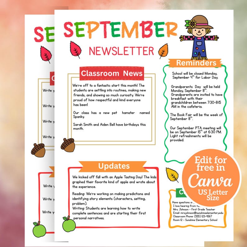 Editable September Newsletter Template Printable, PTO, PTA, Classroom ...