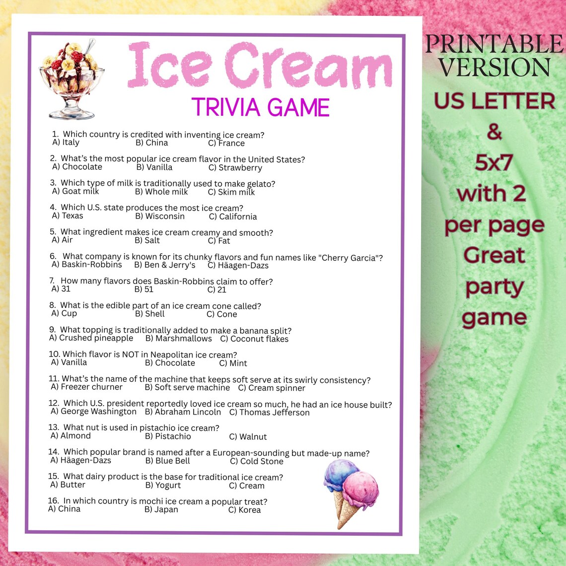 Ice Cream Trivia Game, National Ice Cream Day Party Game, National Ice ...