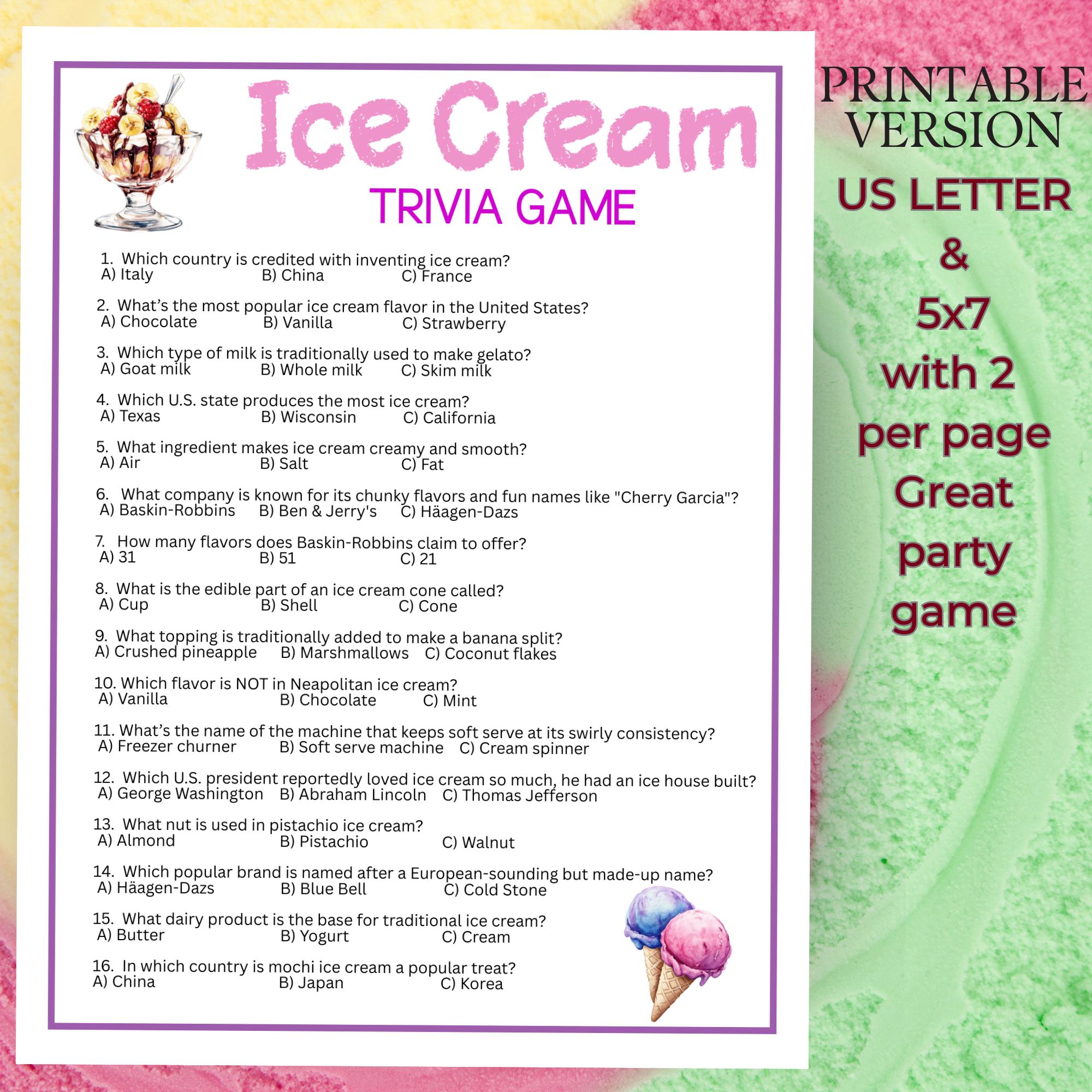 Ice Cream Trivia Game, National Ice Cream Day Party Game, National Ice ...
