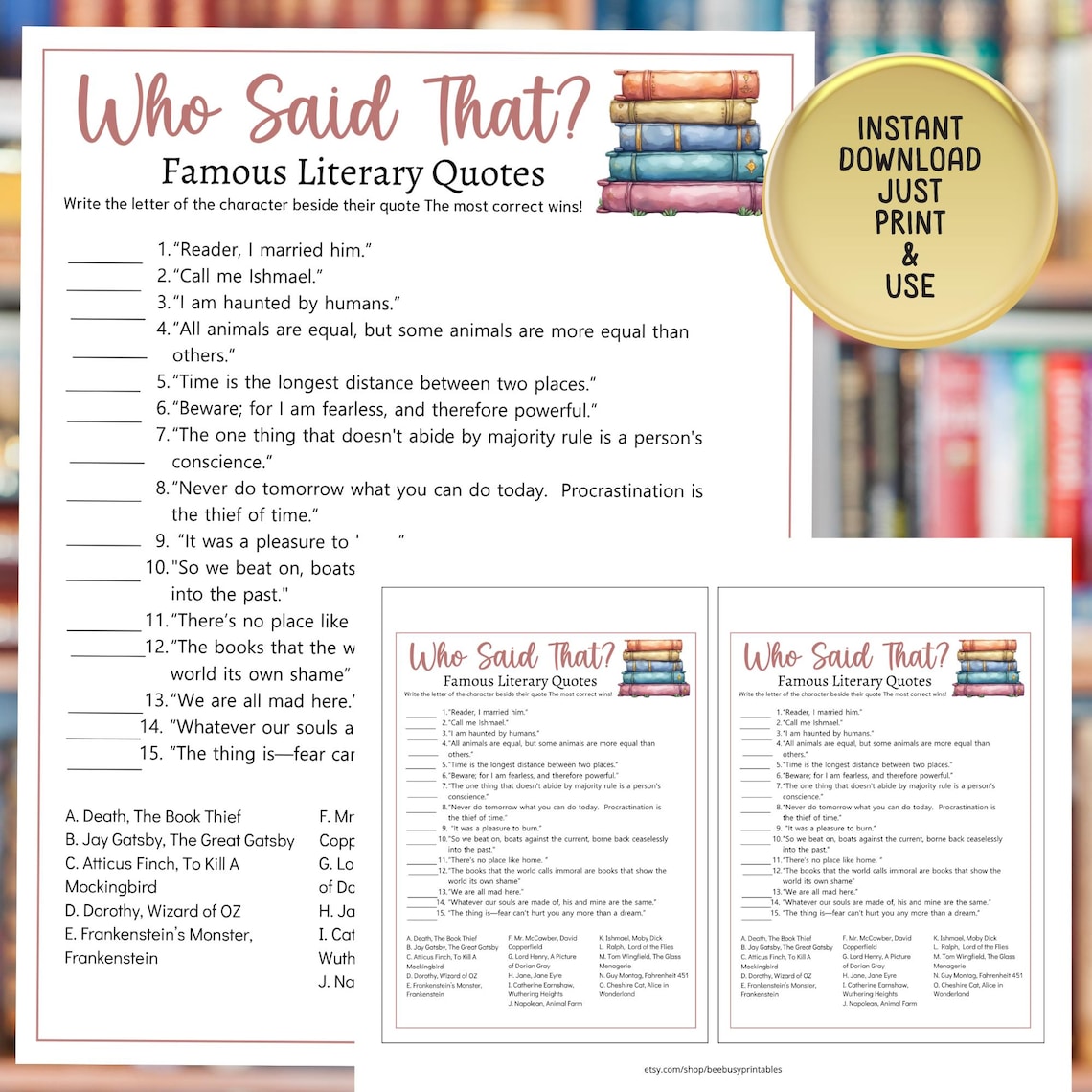 Classic Literature Quotes Matching Game, Classic Literature Trivia ...