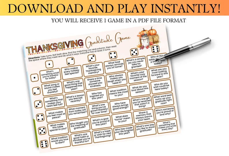 Thanksgiving Dicebreaker Game Printable, Thanksgiving Gratitude Game ...