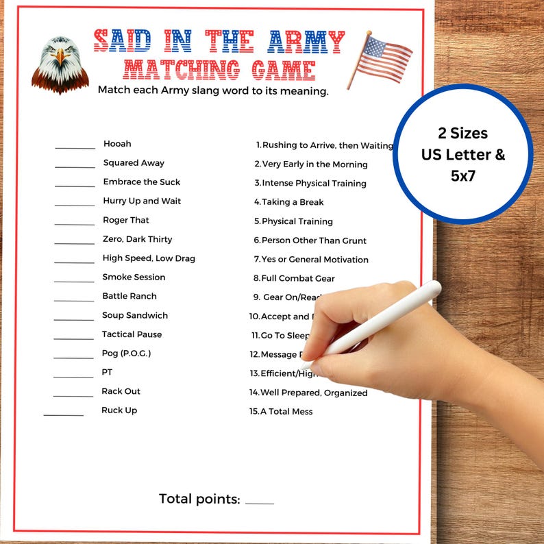 Printable Memorial Day Said in the Army Matching Game, Memorial Day ...