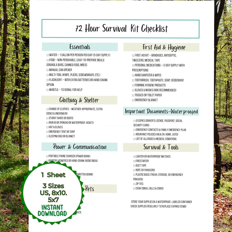 72 Hour Survival Kit Checklist Printable, Emergency Preparedness ...