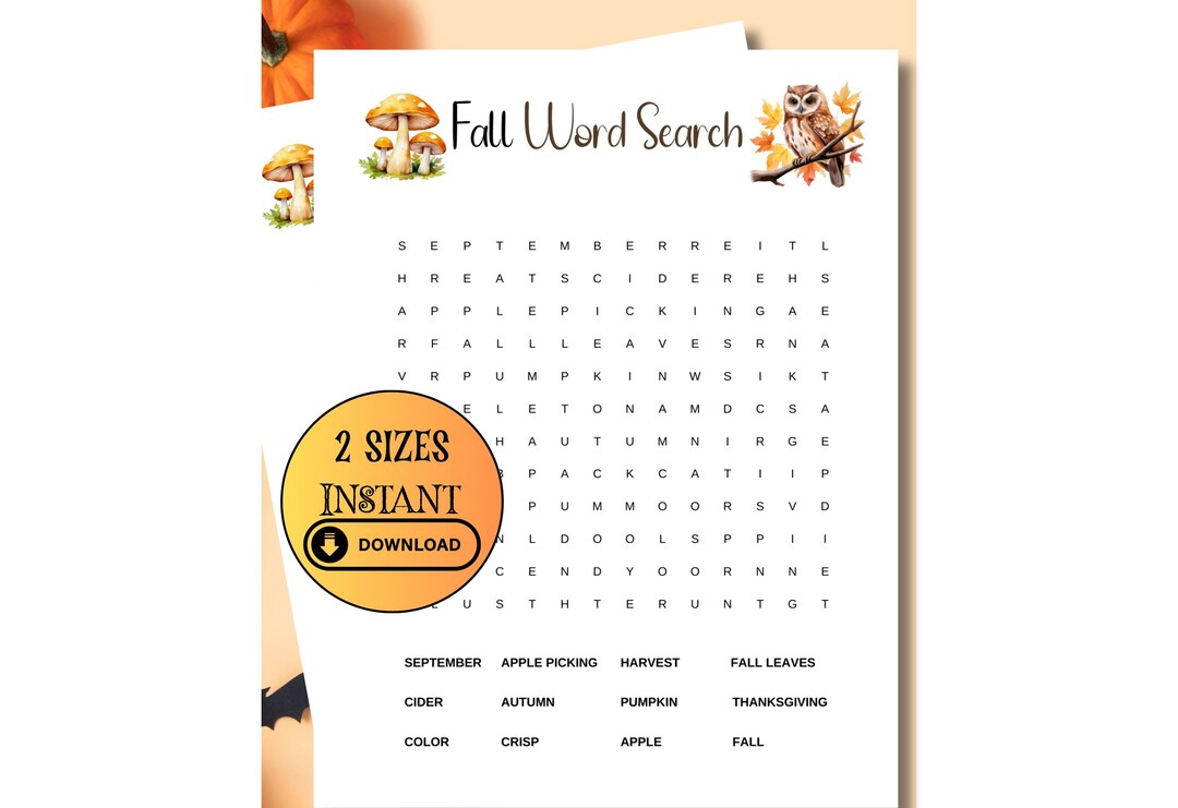 Fall Word Search Printable Game, Autumn Activity, Thanksgiving ...