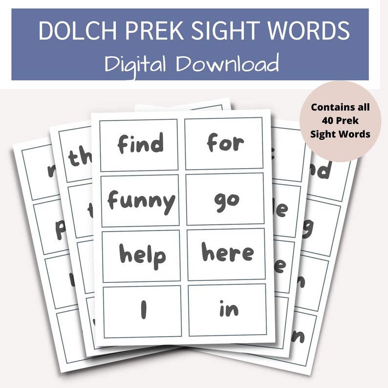 Pre-k Dolch Sight Words Printable Early Literacy Flashcards Homeschool ...