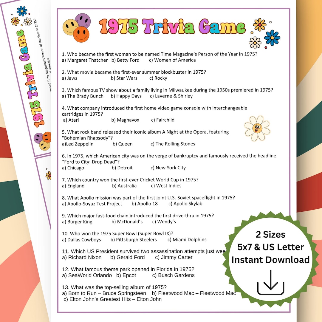 1975 Trivia Game Printable, 50th Birthday Party Games, Born in 1975 Fun ...