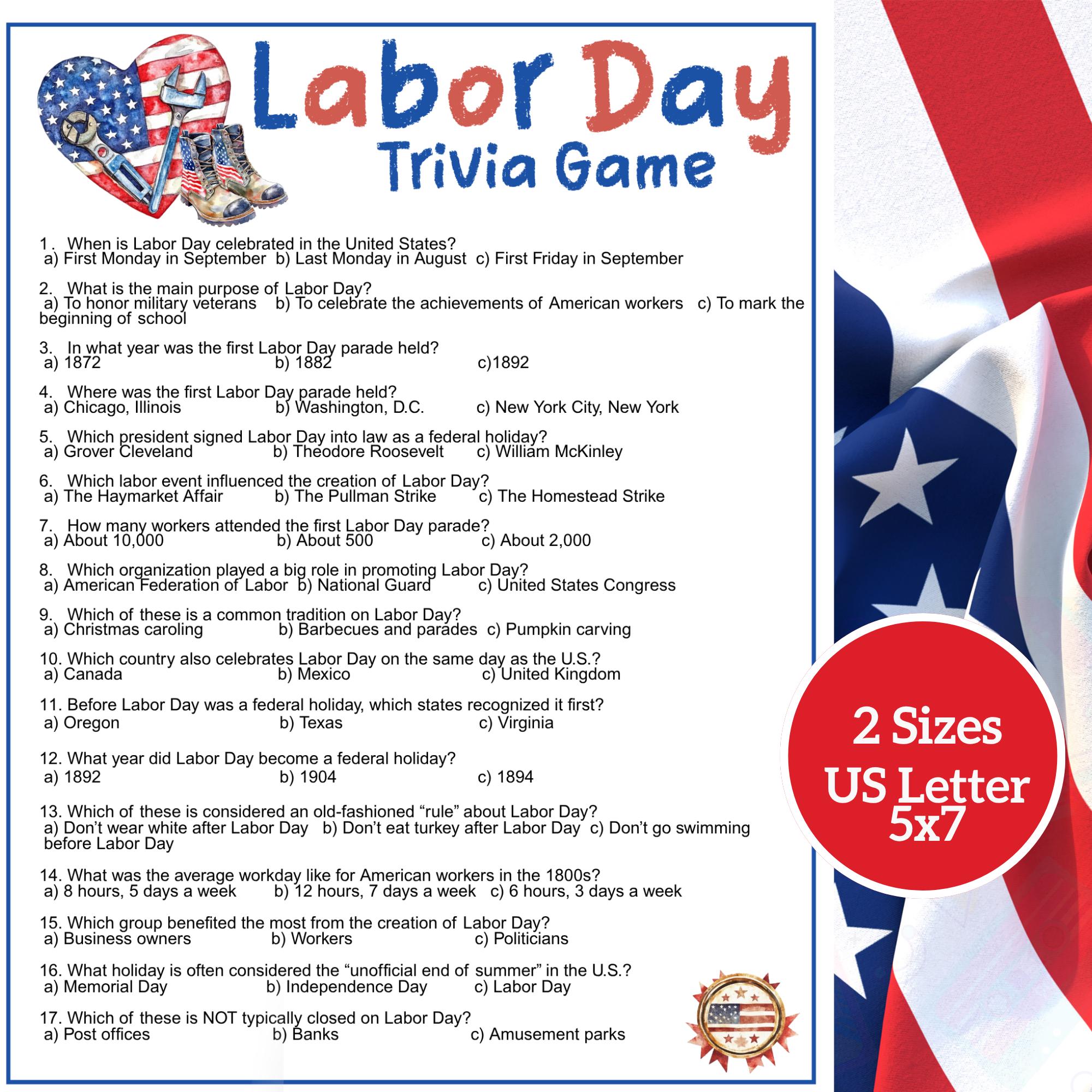 Labor Day Trivia Game Printable, Labor Day Games for Adults, Labor Day ...