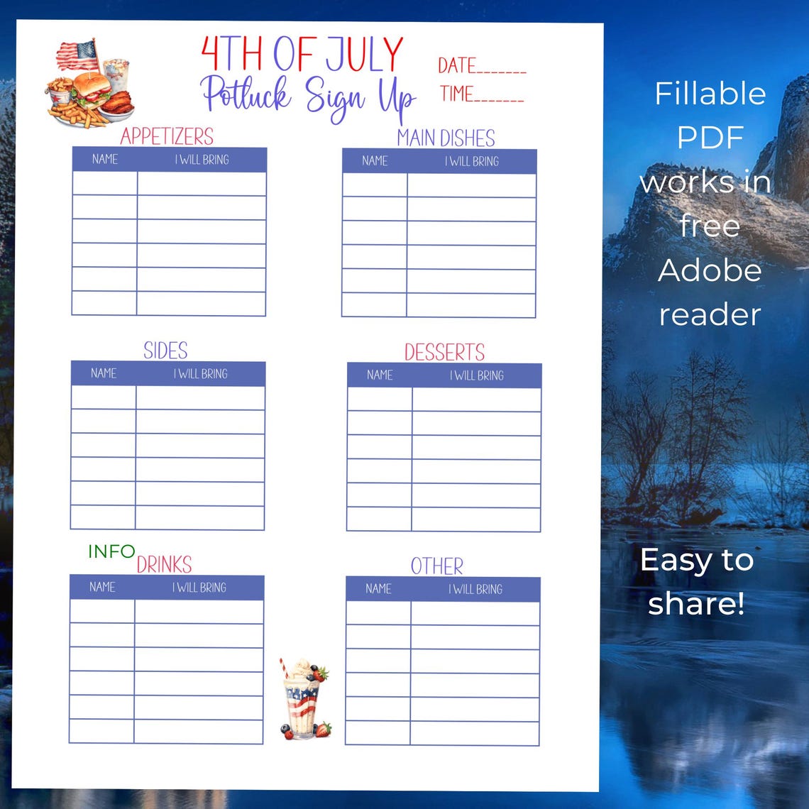 July 4th Potluck Sign up Sheet, Potluck Sign up Template, Fillable ...