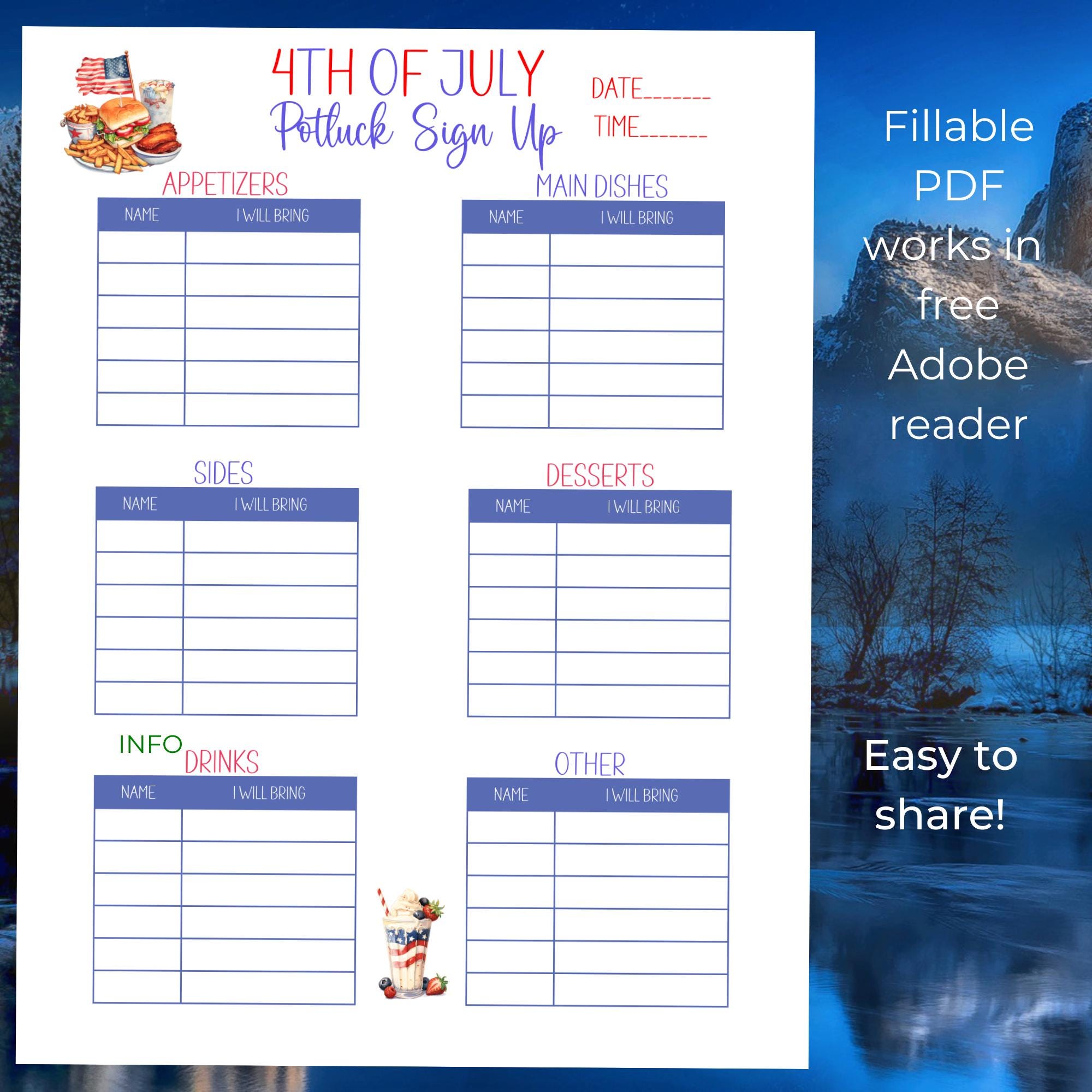 July 4th Potluck Sign up Sheet, Potluck Sign up Template, Fillable ...