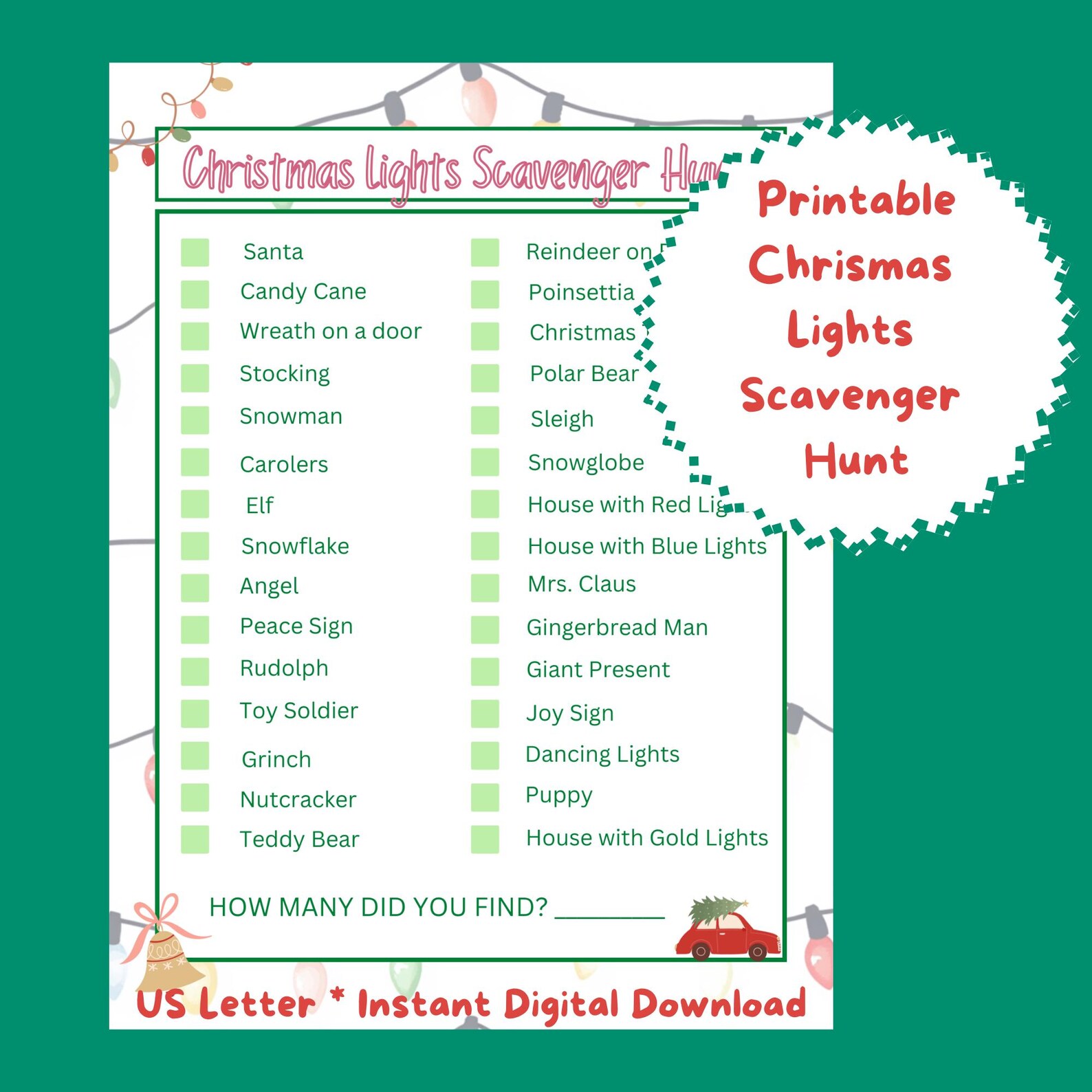 Christmas Lights Scavenger Hunt Printable Holiday Lights Game Christmas ...