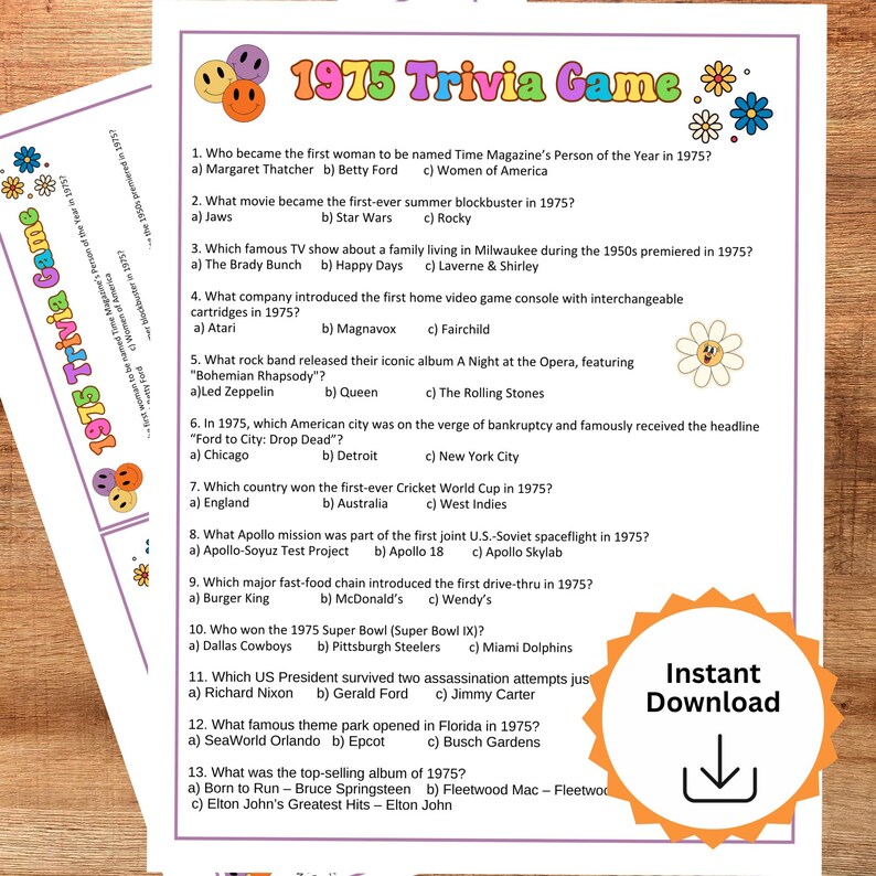 1975 Trivia Game Printable, 50th Birthday Party Games, Born in 1975 Fun ...