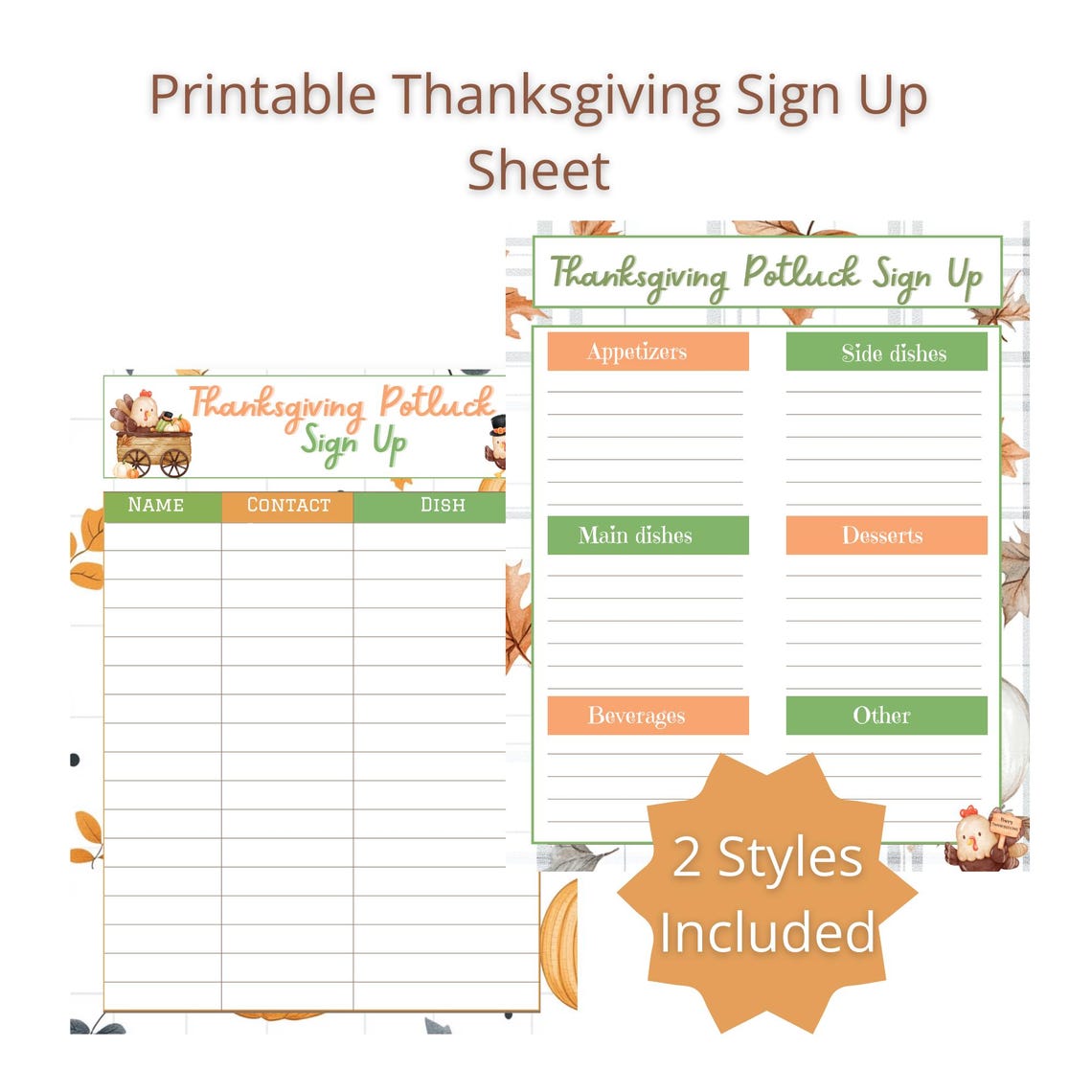 Thanksgiving Potluck Sign up Sheet Printable PDF | Office Holiday ...