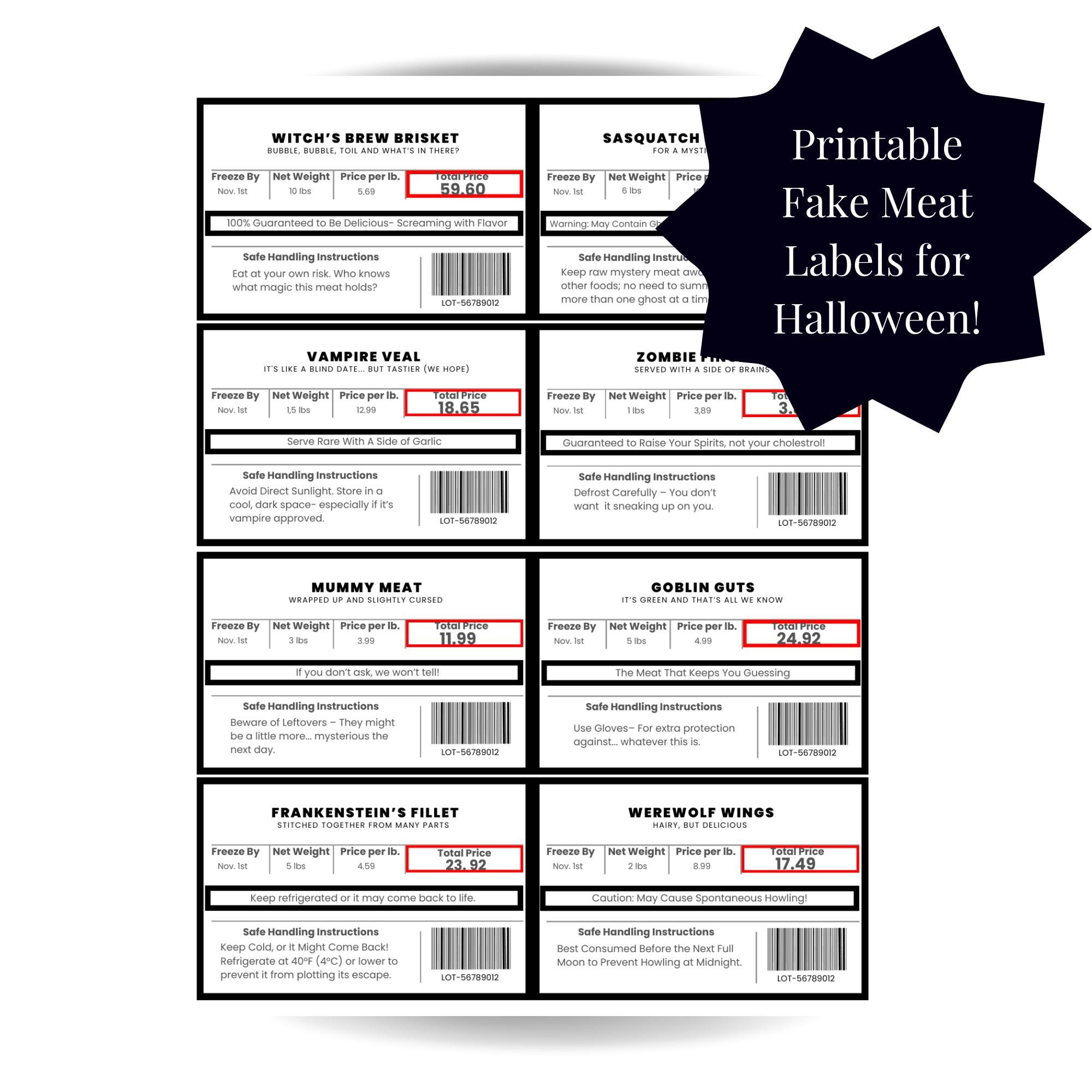 Printable Fake Meat Labels for Halloween, Halloween Meat Labels ...
