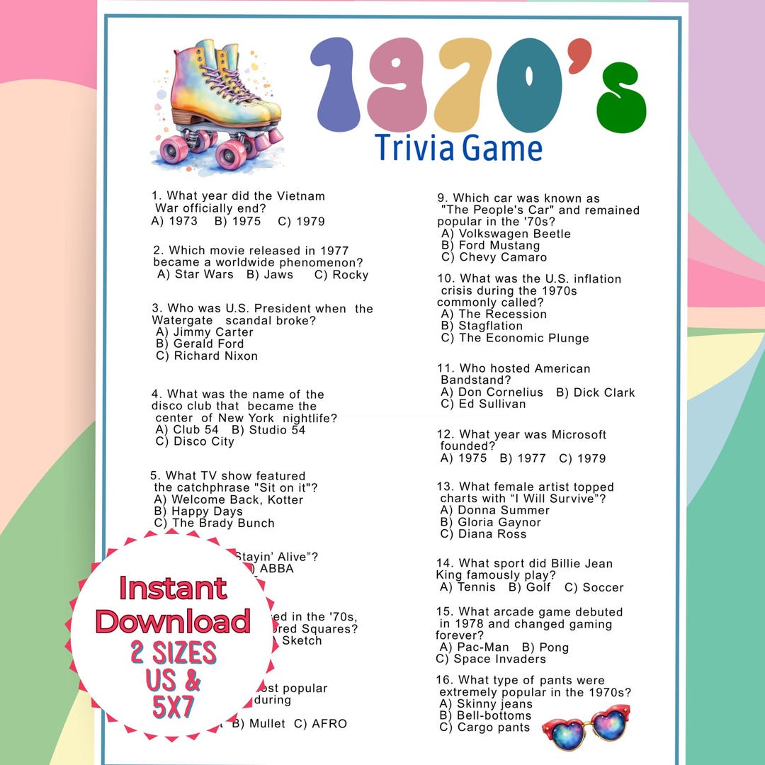 70s Trivia Questions and Answers Printable, 1970s Trivia Quiz, Pub ...