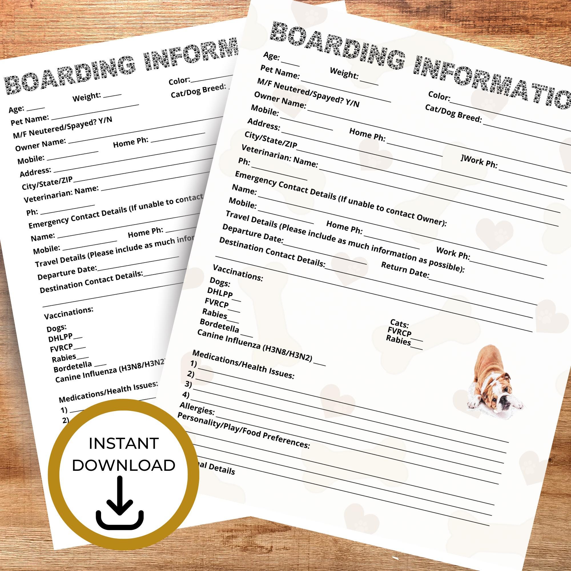 Printable Pet Boarding Information Form, Printable Pet Sitter Form, Dog ...