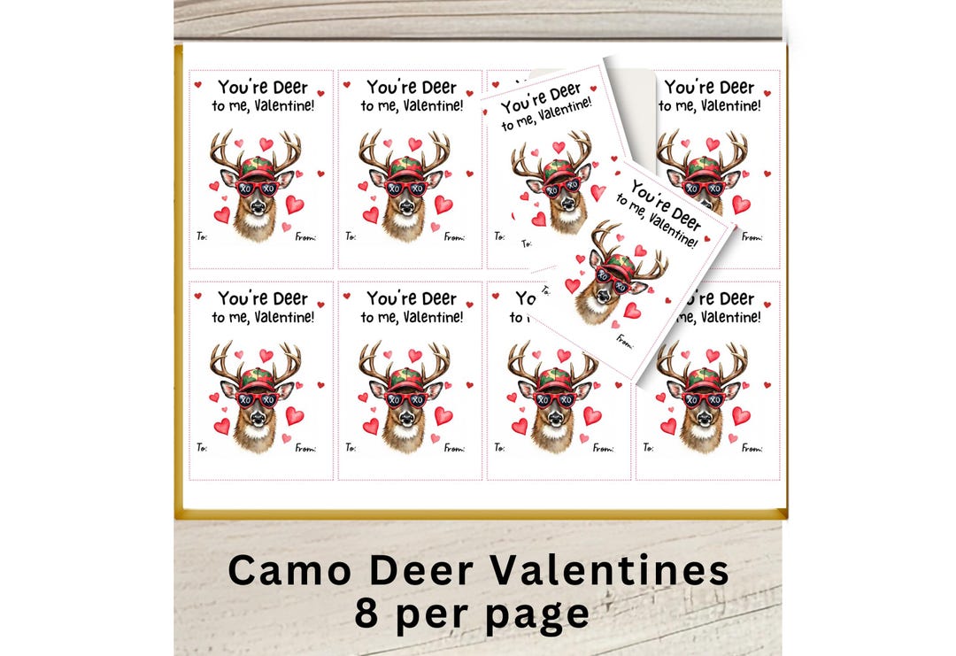Camo Deer Valentine Cards Printable, Cute Forest Animal Valentines ...