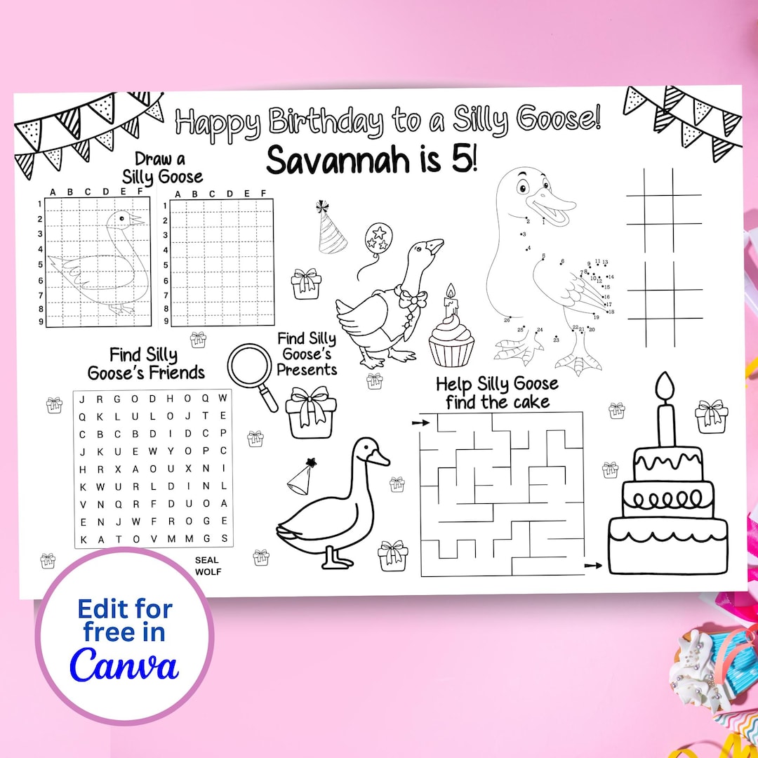Editable Silly Goose Birthday Coloring Placemat Printable, Silly Goose ...