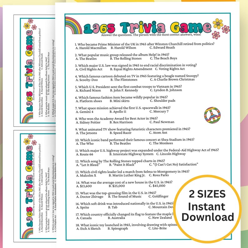 1965 Trivia Game Printable, 60th Birthday Party Games, Born in 1965 Fun ...
